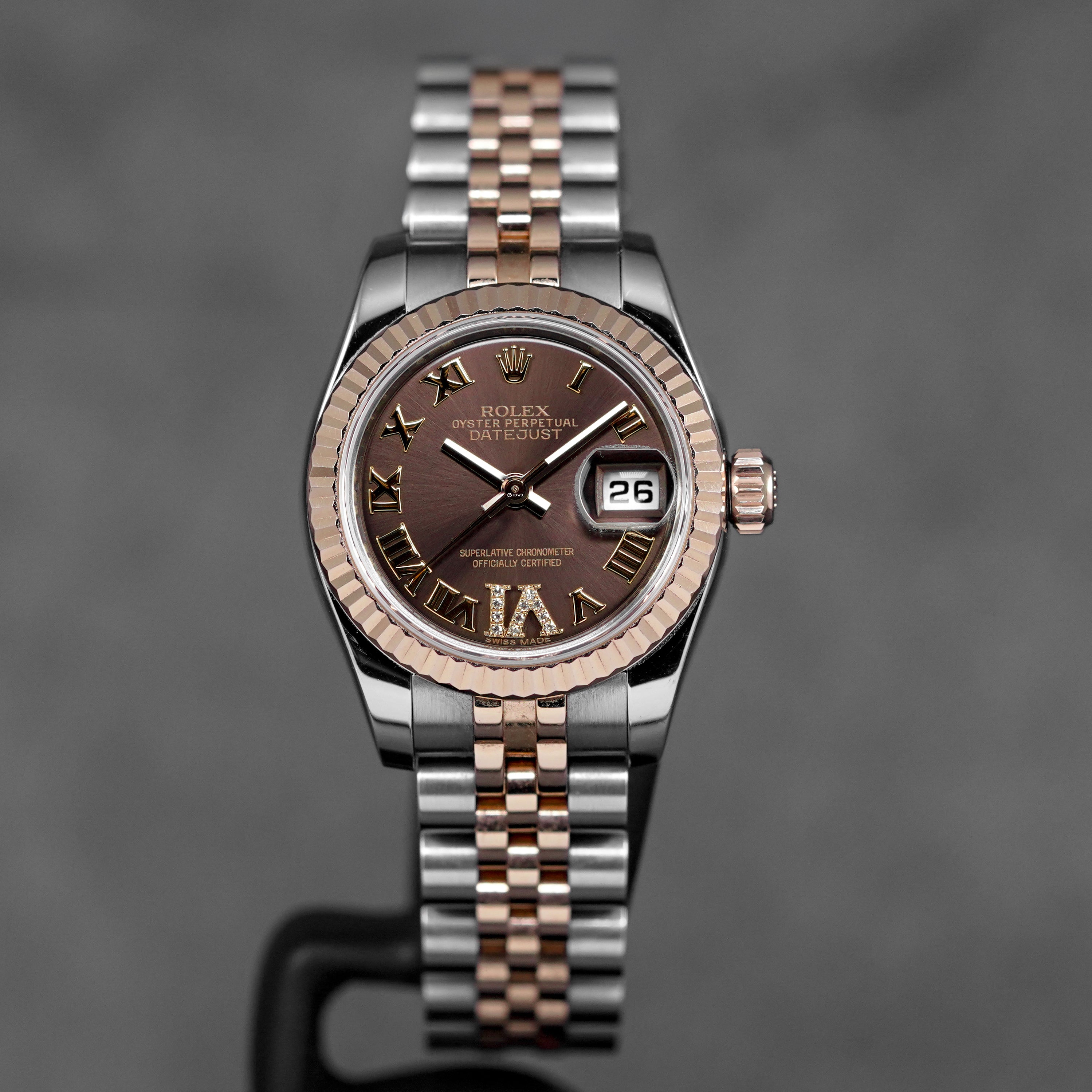 ROLEX DATEJUST 26MM TWOTONE ROSEGOLD CHOCO ROMAN DIAL DIAMOND ON VI ...