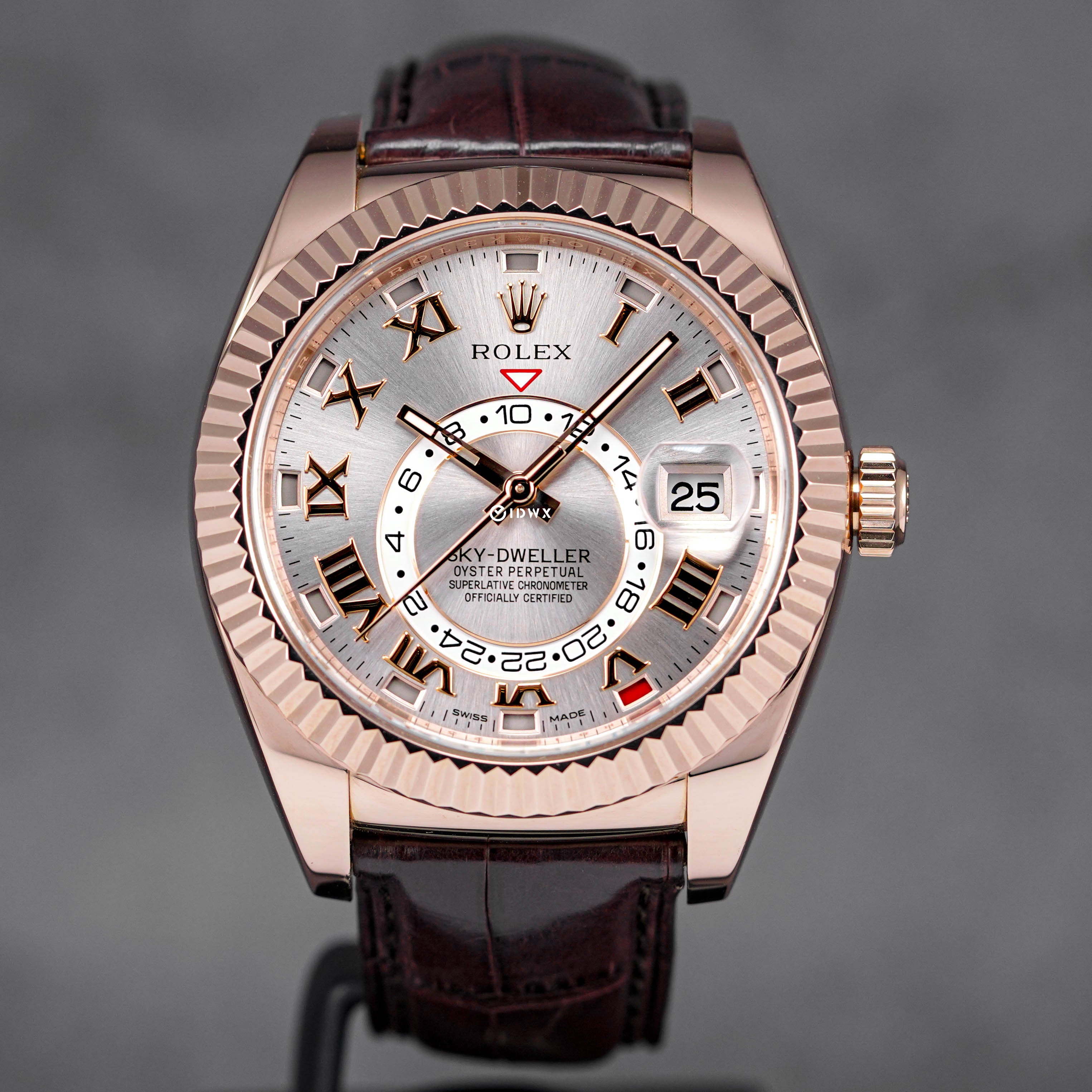 ROLEX SKY-DWELLER ROSEGOLD SILVER SUNDUST ROMAN DIAL WITH BROWN LEATHER ...