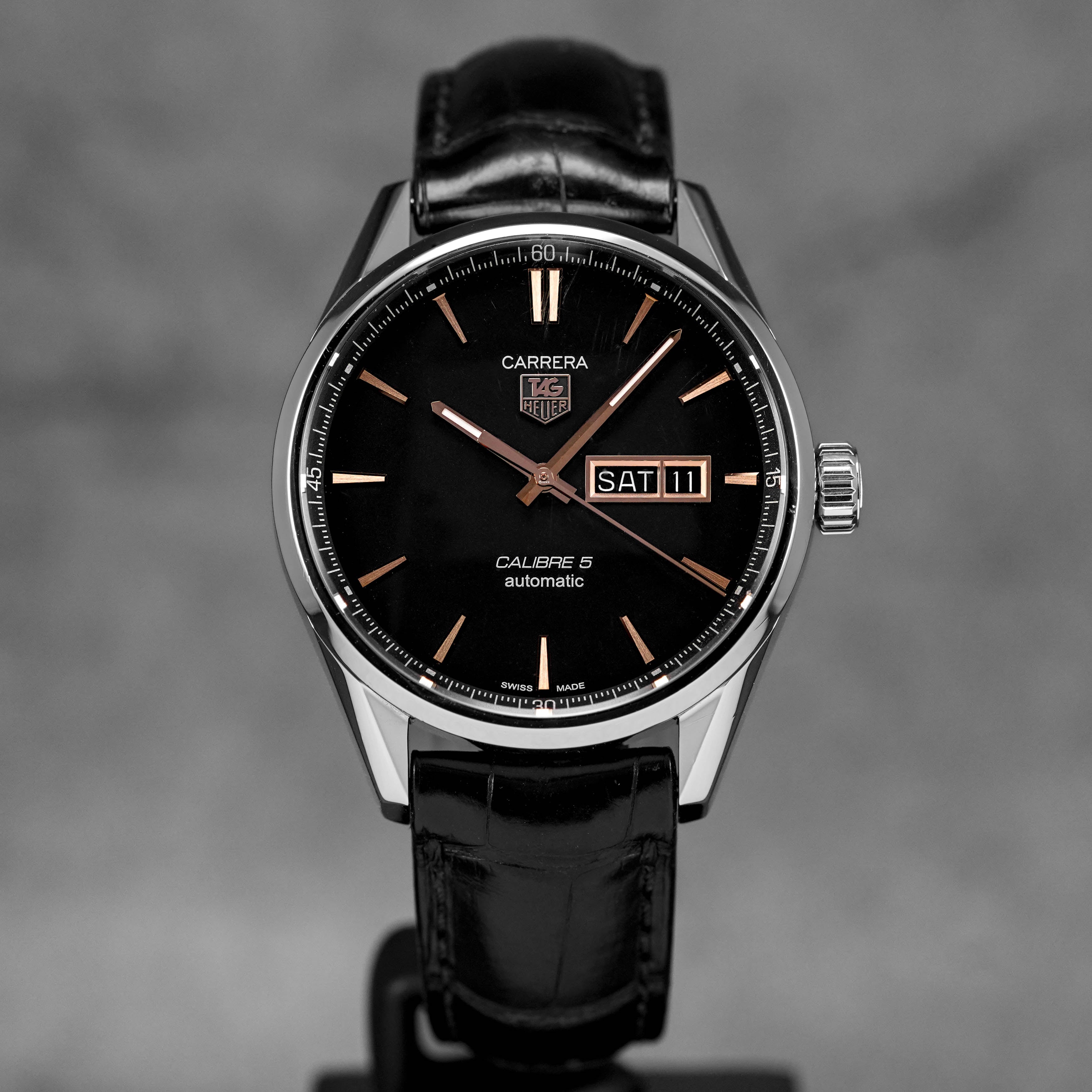 TAG HEUER CARRERA DAY-DATE BLACK DIAL LEATHER STRAP (WATCH ONLY) - IDWX